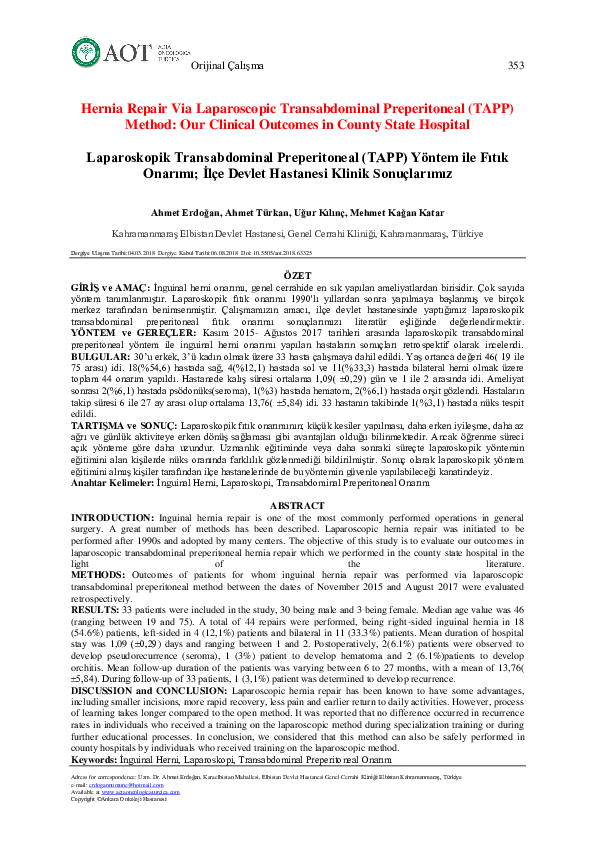 (PDF) Hernia Repair Via Laparoscopic Transabdominal Preperitoneal (TAPP) Method: Our Clinical ...