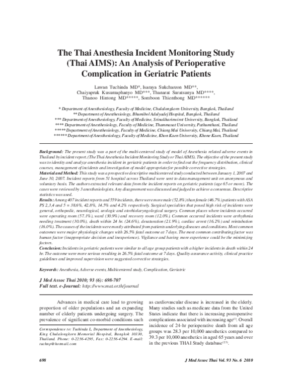 (PDF) The Thai anesthesia incident monitoring study (Thai AIMS): an ...