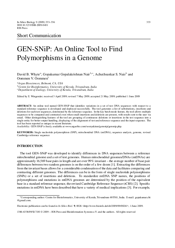 (PDF) GEN-SNiP: an online tool to find polymorphisms in a genome