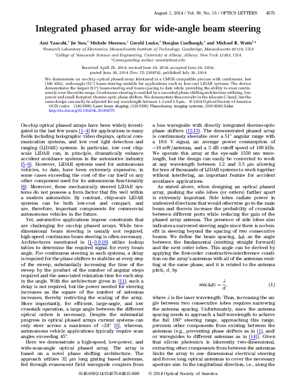 (PDF) Integrated phased array for wide-angle beam steering