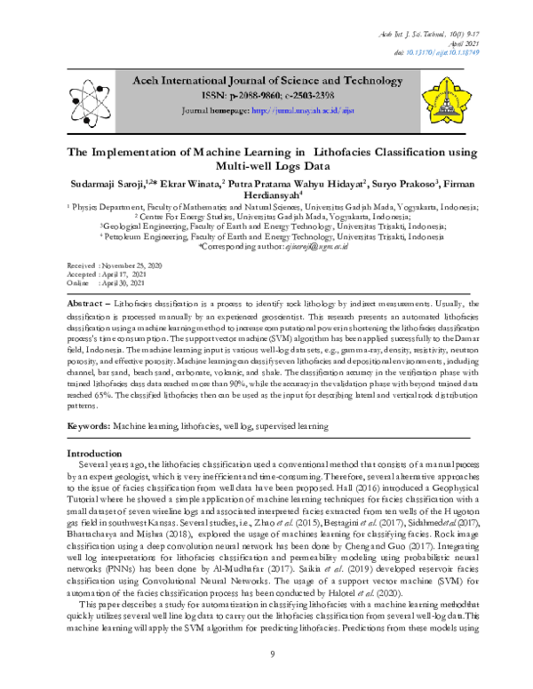 Pdf The Implementation Of Machine Learning In Lithofacies Classification Using Multi Well Logs