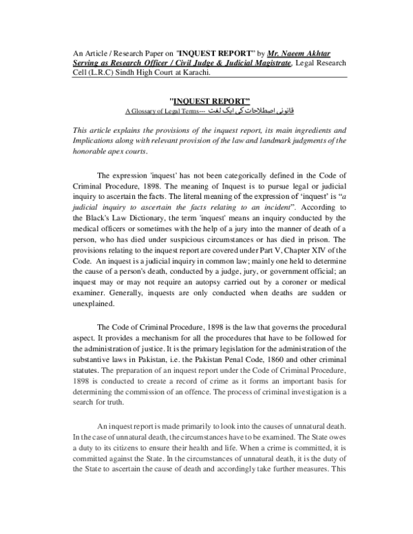 (PDF) An Article / Research Paper on "INQUEST REPORT" by Mr. Naeem ...