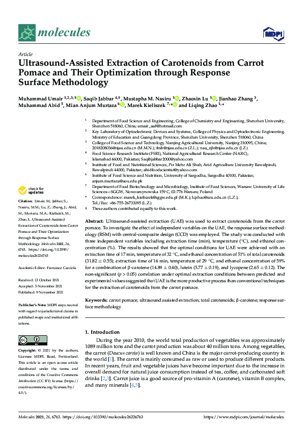 (PDF) Ultrasound-Assisted Extraction of Carotenoids from Carrot Pomace and Their Optimization ...