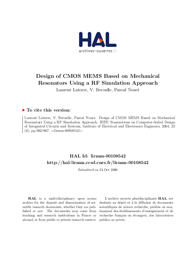 (PDF) Design of CMOS MEMS Based on Mechanical Resonators Using a RF Simulation Approach