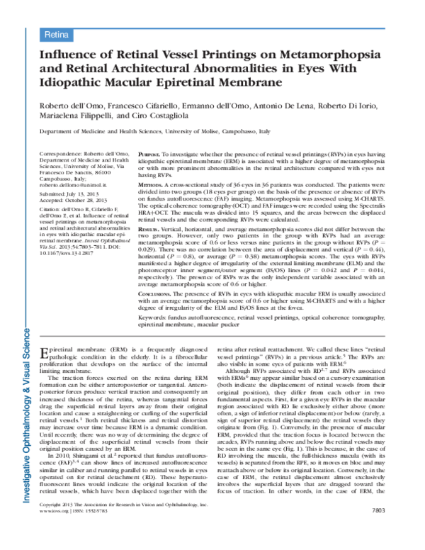 (PDF) Influence of Retinal Vessel Printings on Metamorphopsia and ...