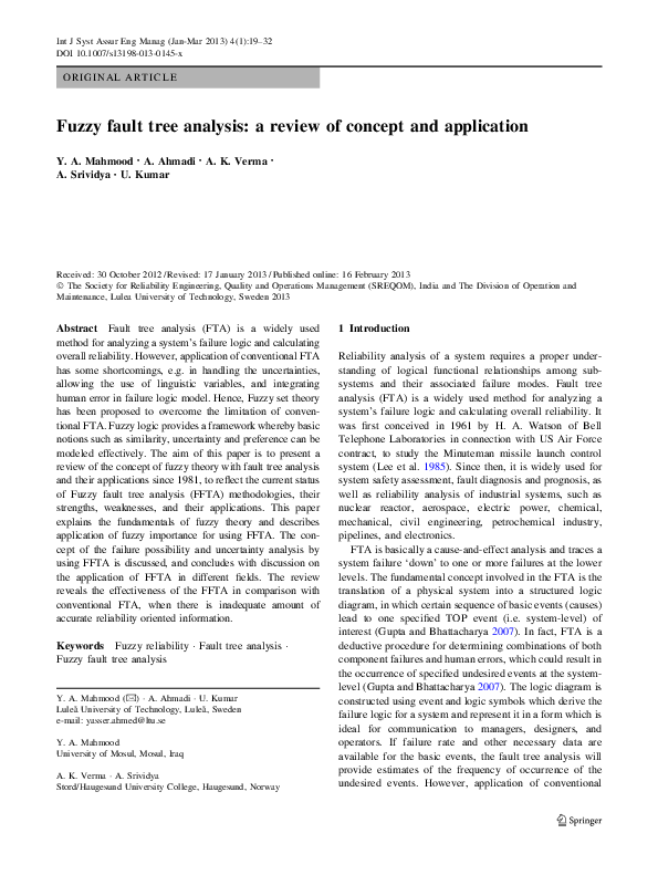 Pdf Fuzzy Fault Tree Analysis A Review Of Concept And Application Yasser Mahmood
