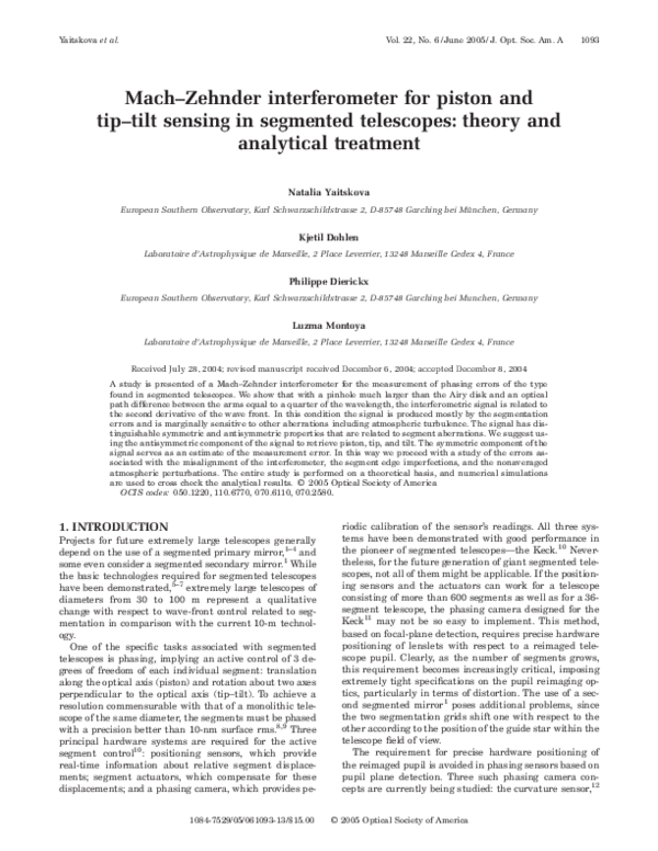 (PDF) Mach-Zehnder interferometer for piston and tip-tilt sensing in segmented telescopes ...