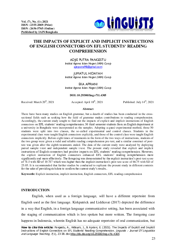 (PDF) The Impacts of Explicit and Implicit Instructions of English Connectors on EFL Students ...