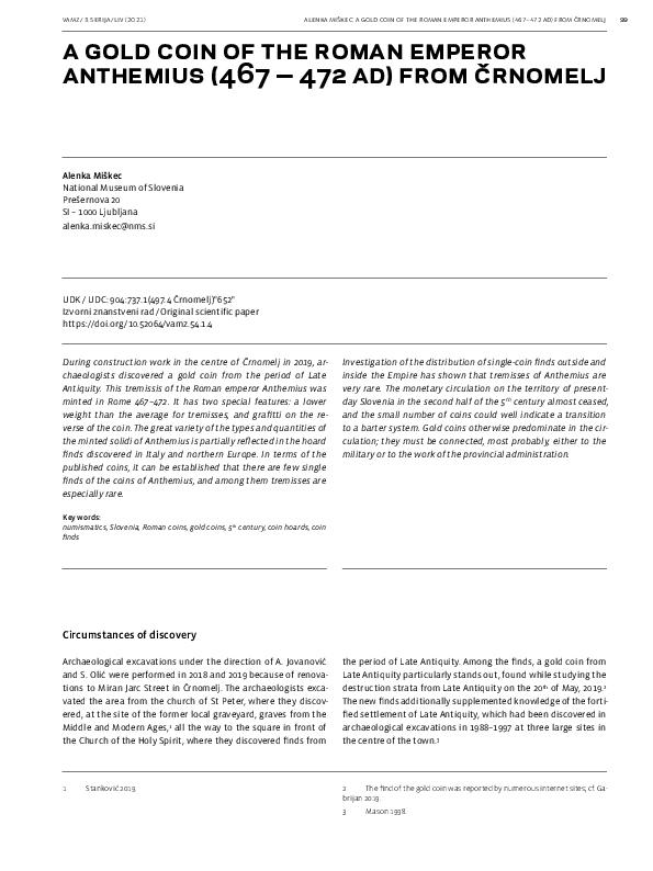 (PDF) A gold coin of the Roman emperor Anthemius (467–472 AD) from Črnomelj