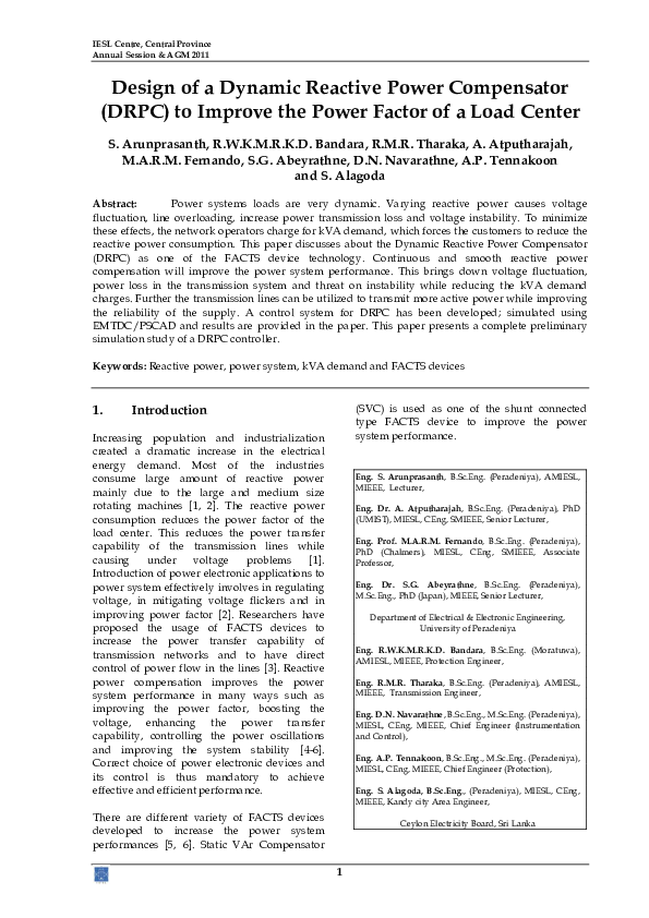 (PDF) Design of a Dynamic Reactive Power Compensator (DRPC) to Improve ...