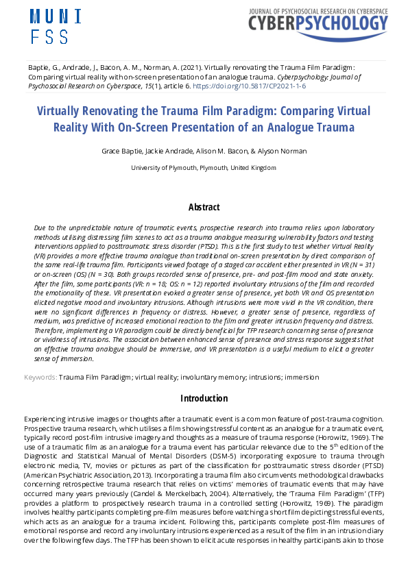 (PDF) Virtually renovating the Trauma Film Paradigm: Comparing virtual ...