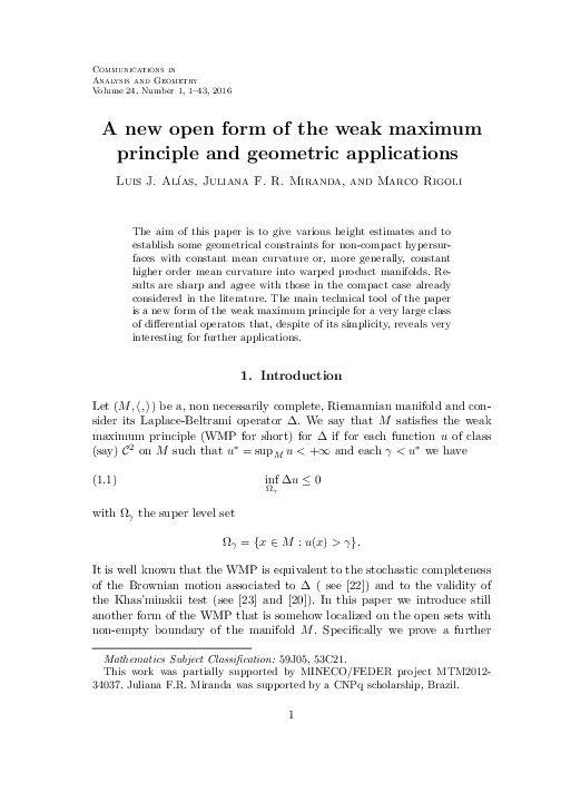 (PDF) A new open form of the weak maximum principle and geometric applications