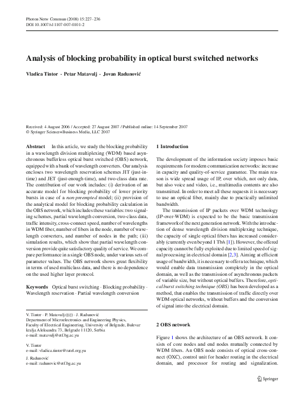(PDF) Analysis of blocking probability in optical burst switched networks
