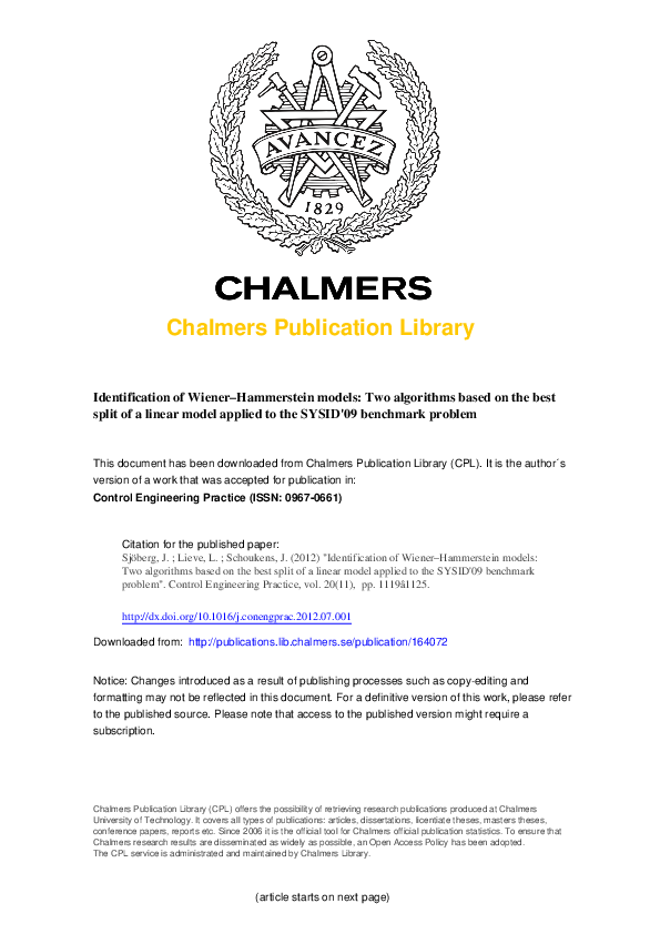 Pdf Identification Of Wienerhammerstein Models Two Algorithms Based On The Best Split Of A