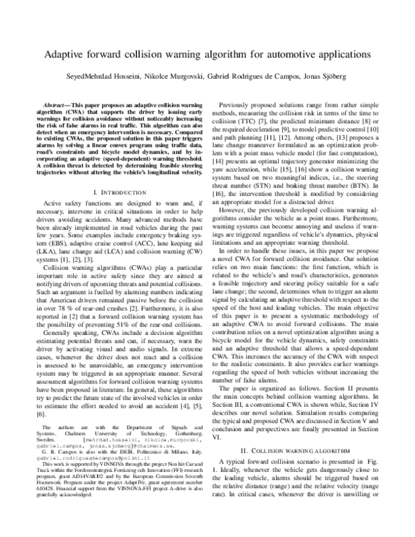 Pdf Adaptive Forward Collision Warning Algorithm For Automotive Applications