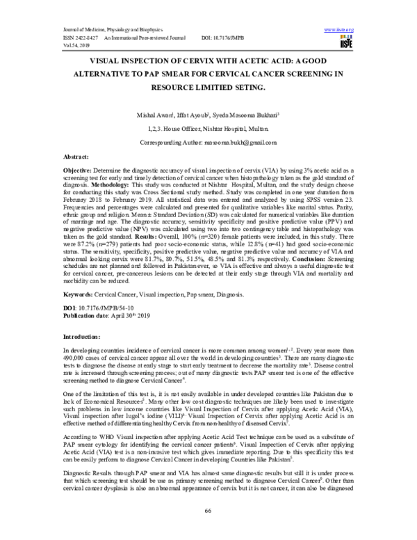 (PDF) Comparision of efficacy of visual inspection of cervix with ...