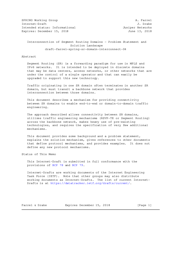 (PDF) Interconnection of Segment Routing Domains - Problem Statement and Solution Landscape