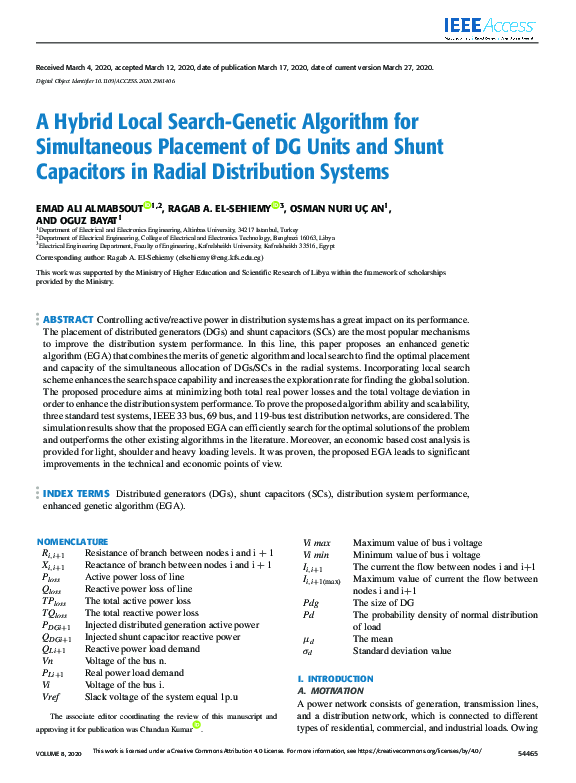 (PDF) A Hybrid Local Search-Genetic Algorithm for Simultaneous Placement of DG Units and Shunt ...