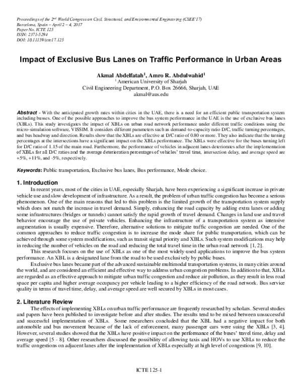 (PDF) Impact of Exclusive Bus Lanes on Traffic Performance in Urban Areas