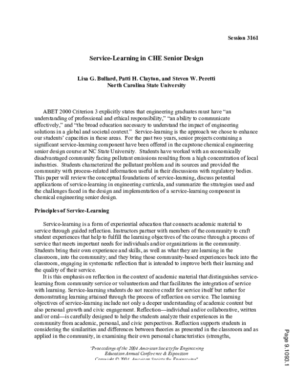 (PDF) Service Learning In Che Senior Design | Steven Peretti - Academia.edu