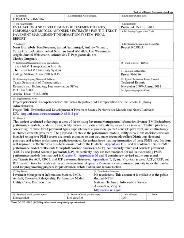 (PDF) Evaluation and Development of Pavement Scores, Performance Models ...