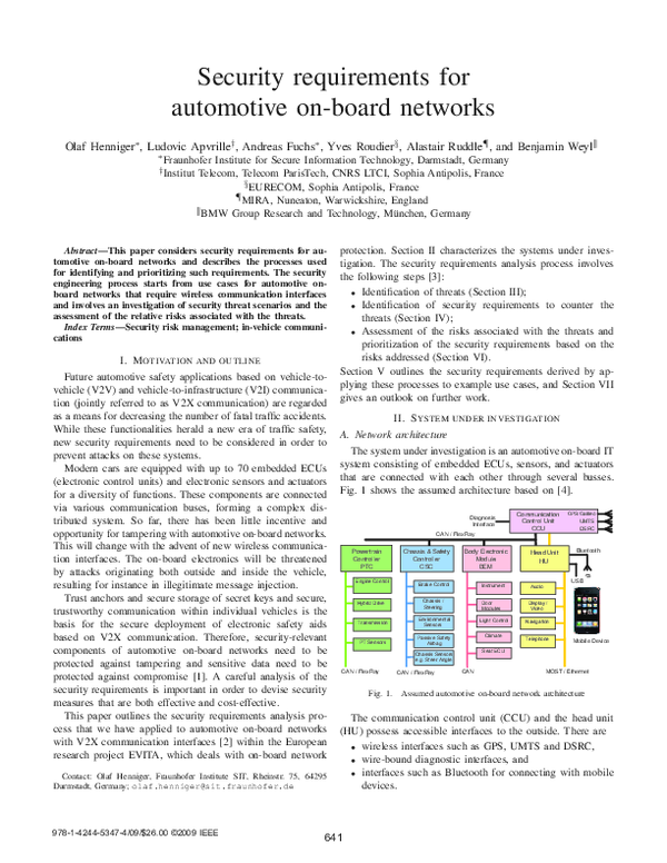 (PDF) Security requirements for automotive on-board networks
