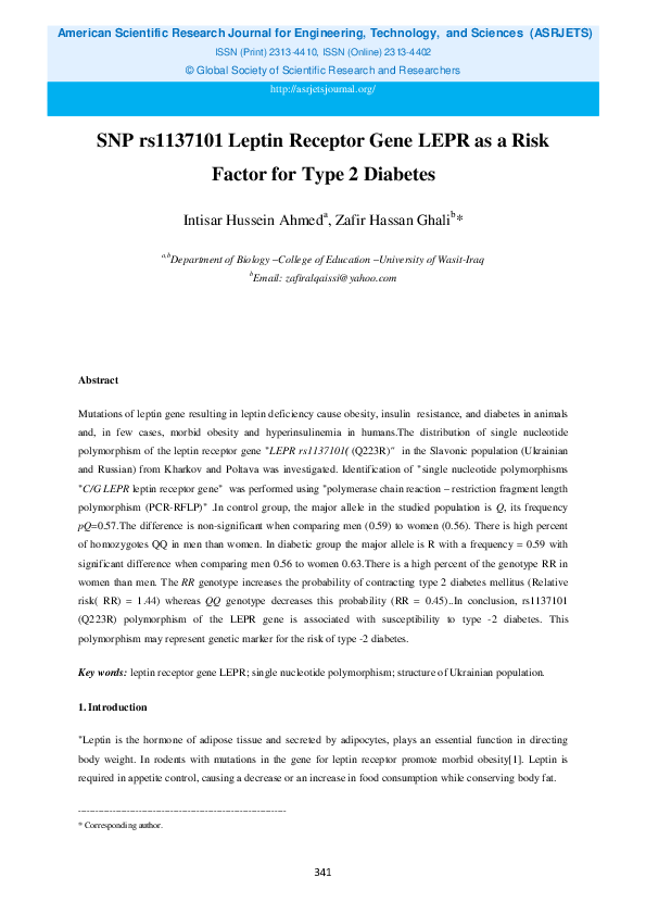 (PDF) SNP rs1137101 Leptin Receptor Gene LEPR as a Risk Factor for Type ...