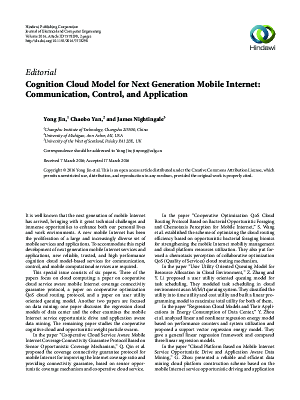 (PDF) Cognition Cloud Model for Next Generation Mobile Internet: Communication, Control, and ...