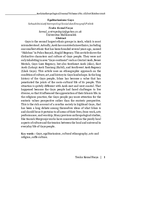 (PDF) Egalitarianisme Gayo Sebuah Inisiatif Antropologi Sosial dan ...