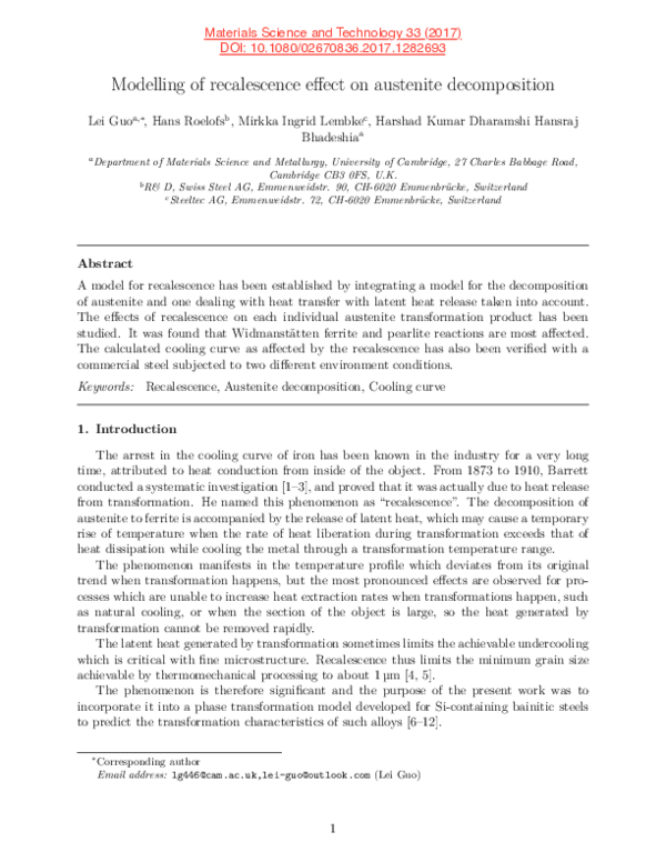 (PDF) Modelling of recalescence e ect on austenite decomposition