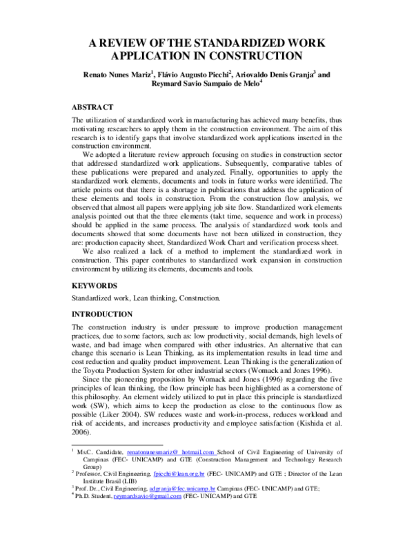 (PDF) A Review of the Standardized Work Application in Construction