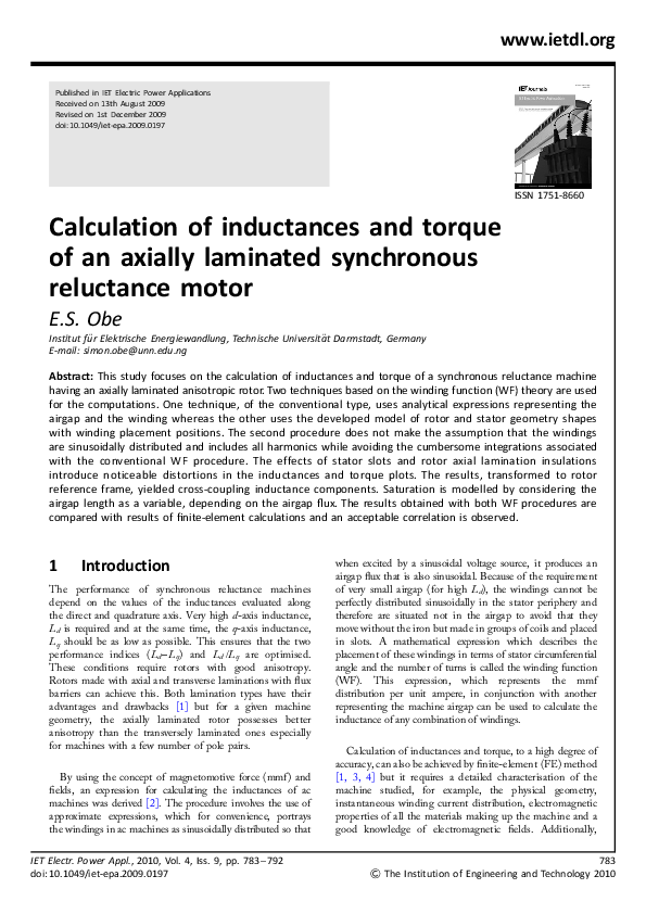 Pdf Calculation Of Inductances And Torque Of An Axially Laminated Synchronous Reluctance Motor