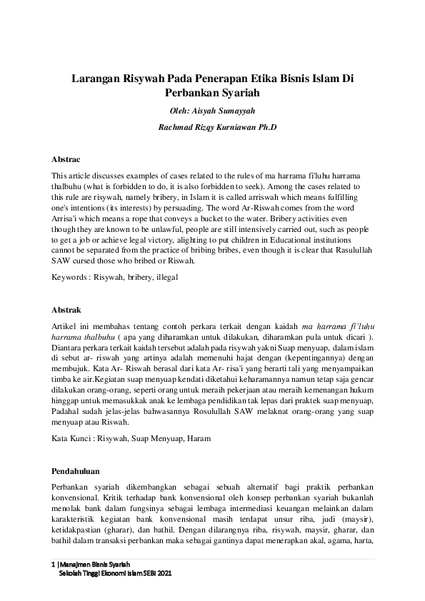 (PDF) Larangan Risywah Pada Penerapan Etika Bisnis Islam Di Perbankan ...