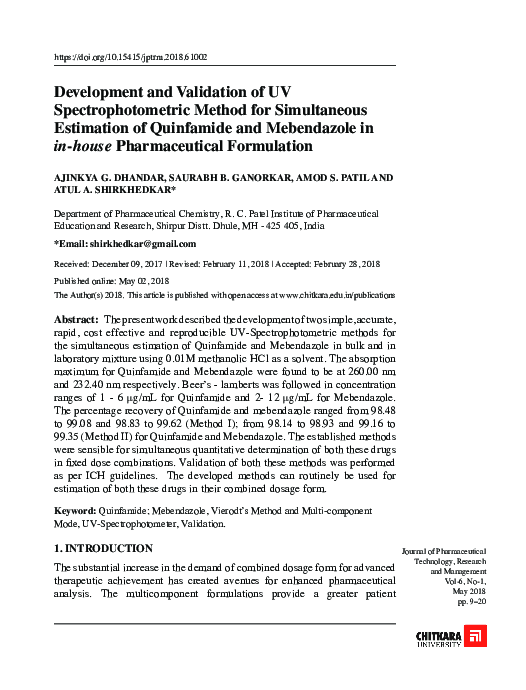 (PDF) Development and Validation of UV Spectrophotometric Method for Simultaneous Estimation of ...