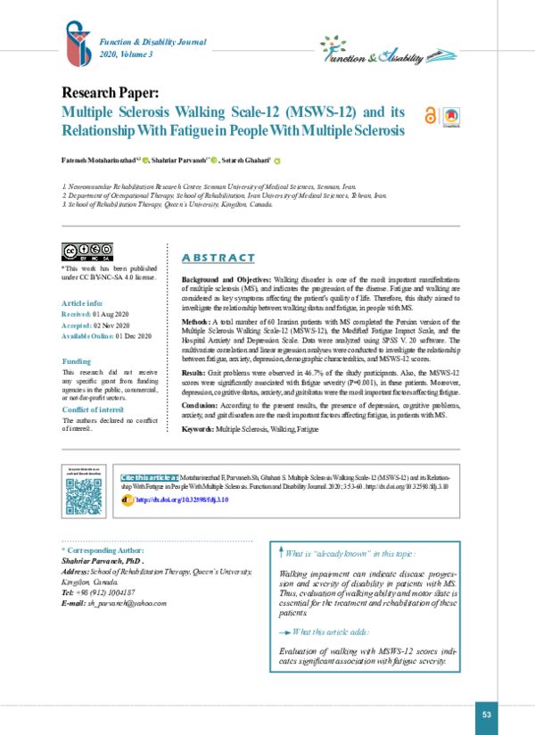 Pdf Multiple Sclerosis Walking Scale 12 Msws 12 And Its Relationship With Fatigue In People