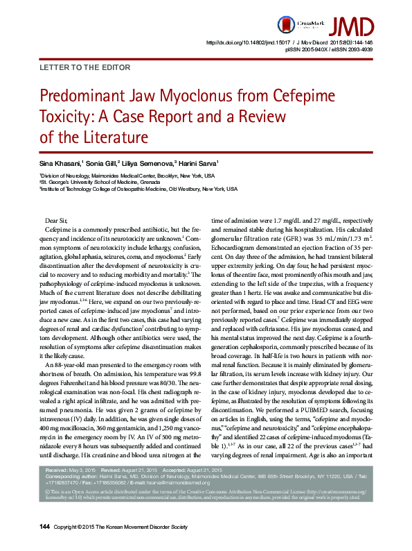 Pdf Predominant Jaw Myoclonus From Cefepime Toxicity A Case Report And A Review Of The