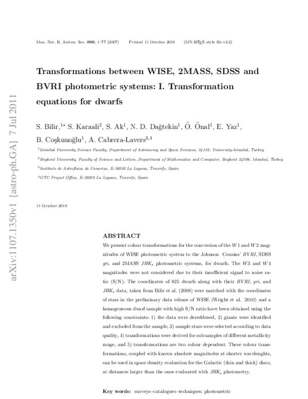 (PDF) Transformations between the WISE, 2MASS, SDSS and BVRI photometric systems - I ...