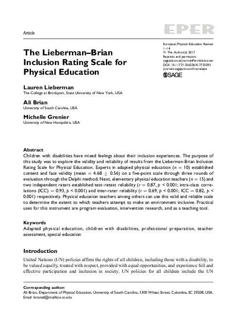 (PDF) The Lieberman–Brian Inclusion Rating Scale for Physical Education