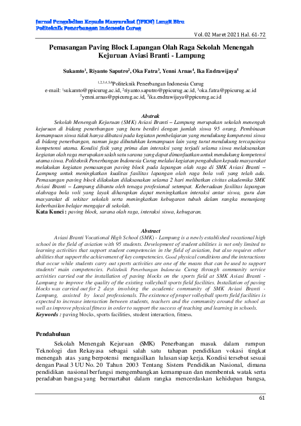(PDF) Pemasangan Paving Block Lapangan Olah Raga Sekolah Menengah ...