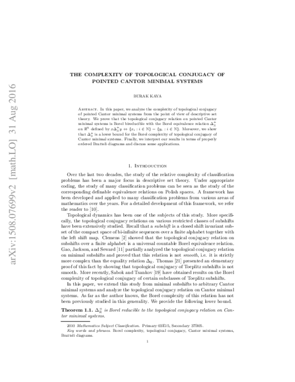 (PDF) The complexity of topological conjugacy of pointed Cantor minimal ...