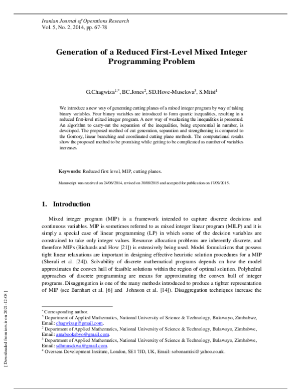 (PDF) Reduced First-Level Mixed Integer Programming via Cutting Planes