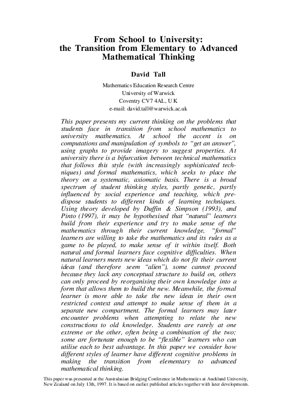 (PDF) From school to university: The transition from elementary to advanced mathematical thinking