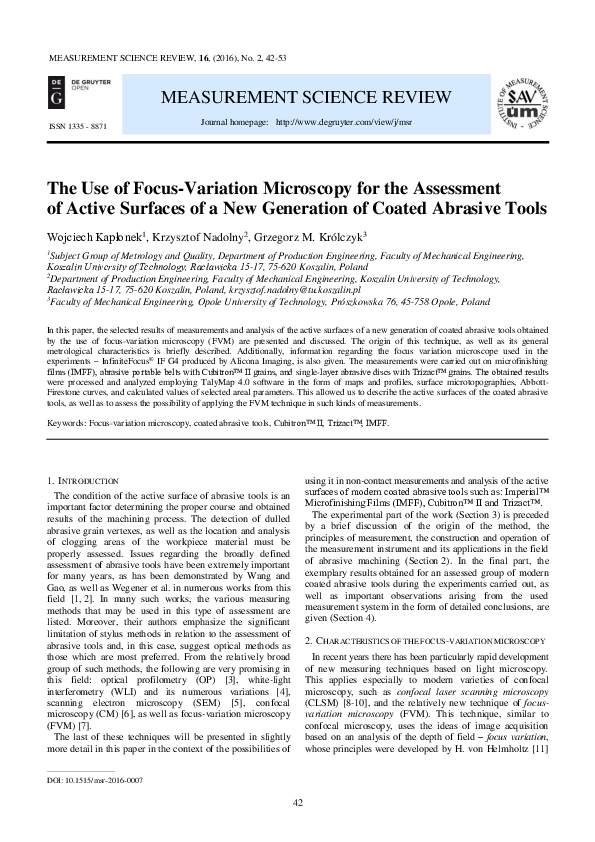 (PDF) The Use of Focus-Variation Microscopy for the Assessment of ...