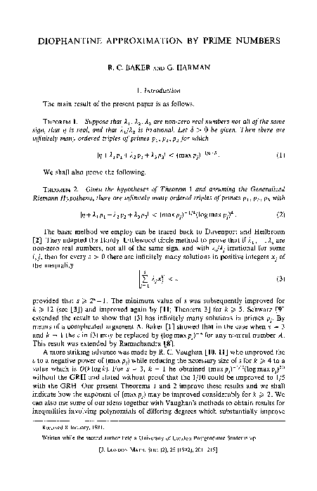 (PDF) Diophantine approximation by prime numbers