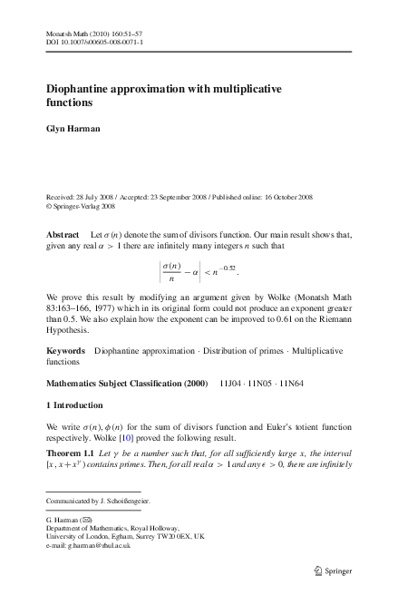 (PDF) Diophantine approximation with multiplicative functions