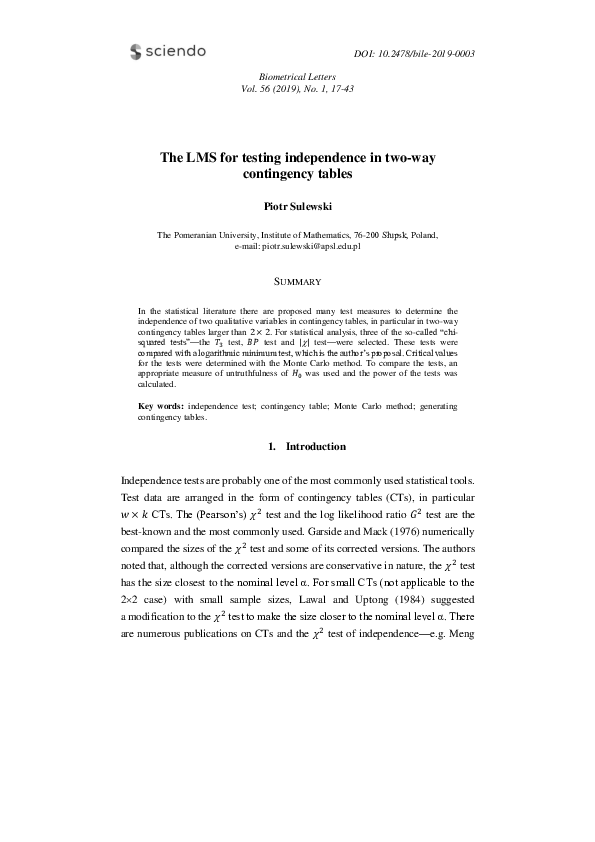 Pdf The Lms For Testing Independence In Two Way Contingency Tables