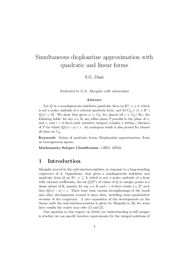 (PDF) Simultaneous diophantine approximation with quadratic and linear forms