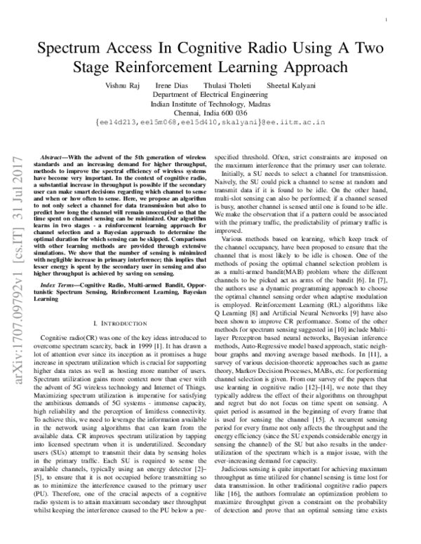Pdf Spectrum Access In Cognitive Radio Using A Two Stage Reinforcement Learning Approach