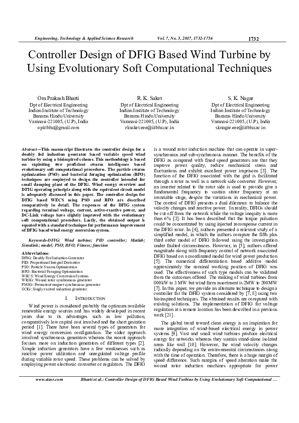 Pdf Controller Design Of Dfig Based Wind Turbine By Using Evolutionary Soft Computational