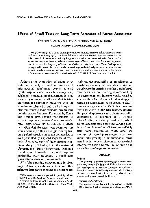 (PDF) Effects of recall tests on long-term retention of paired associates1